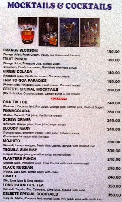 Menu at Celeste Bar And Restaurant, Arpora, HQ46+JFP