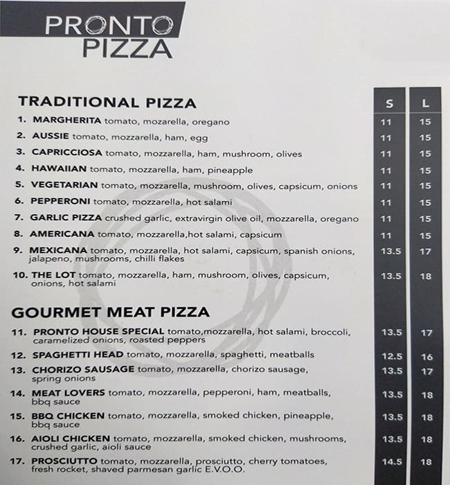 Menu at Pronto Pizza pizzeria, Parkville