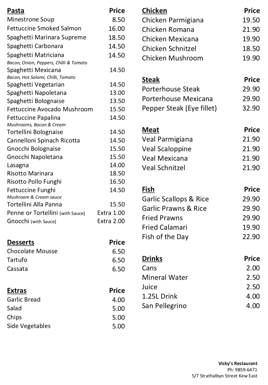 Menu at Vicky's Pizza Restaurant, Kew East