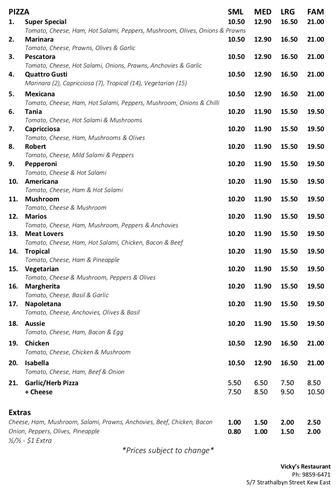 Menu at Vicky's Pizza Restaurant, Kew East