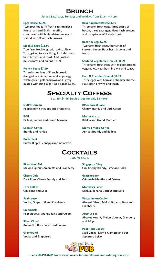 Menu at Post Haus Pub, Kelowna