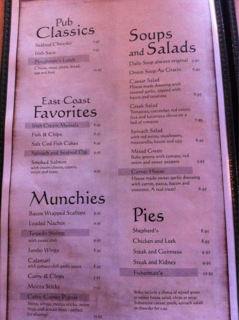 Menu at Celtic Corner Public House, Dartmouth