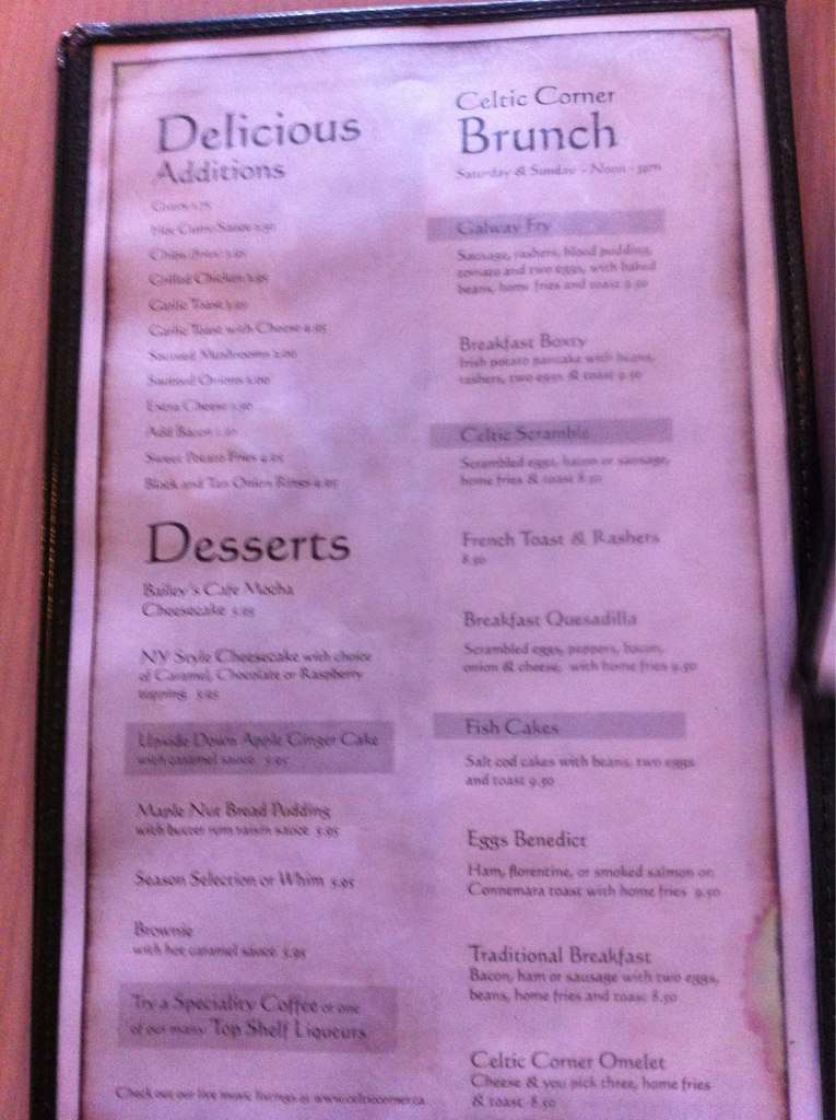 Menu at Celtic Corner Public House, Dartmouth