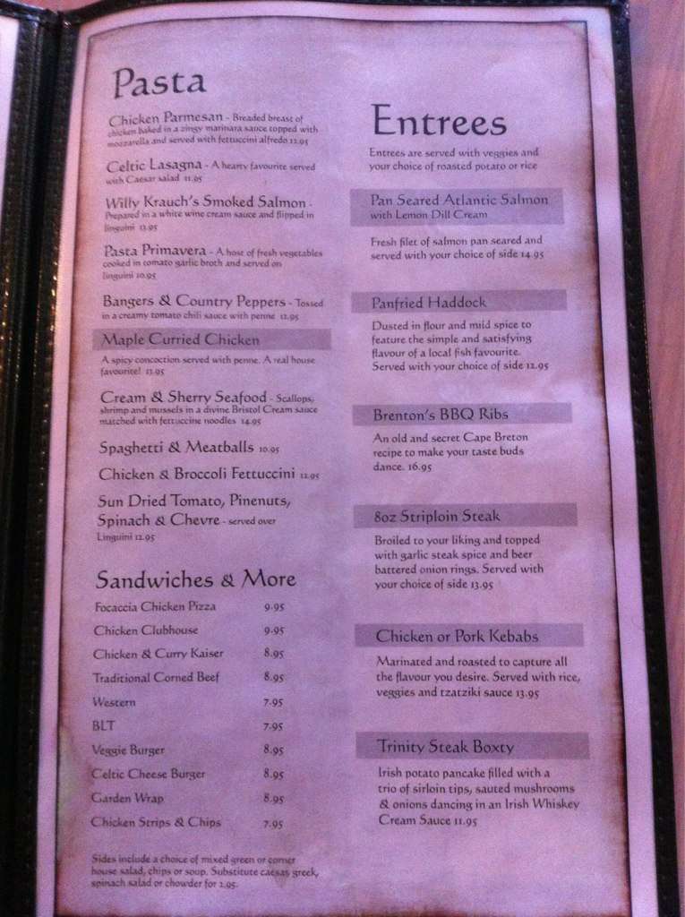 Menu at Celtic Corner Public House, Dartmouth