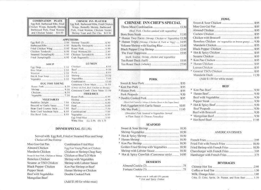 Menu at Chinese Inn restaurant, Baton Rouge, Airline Hwy