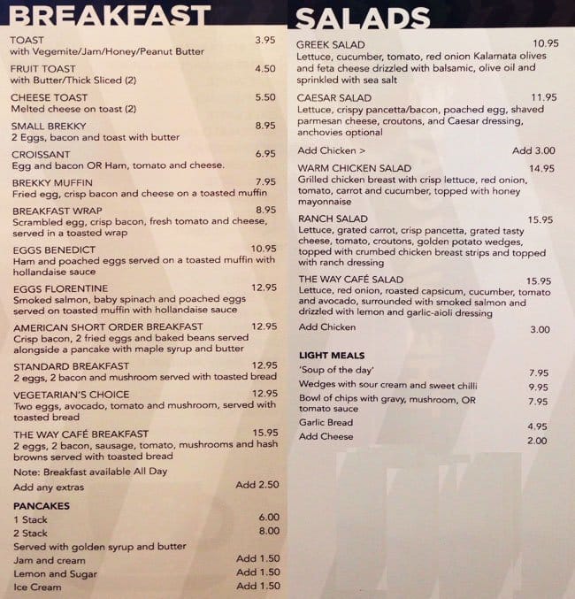 Menu at The Way Cafe, Elizabeth