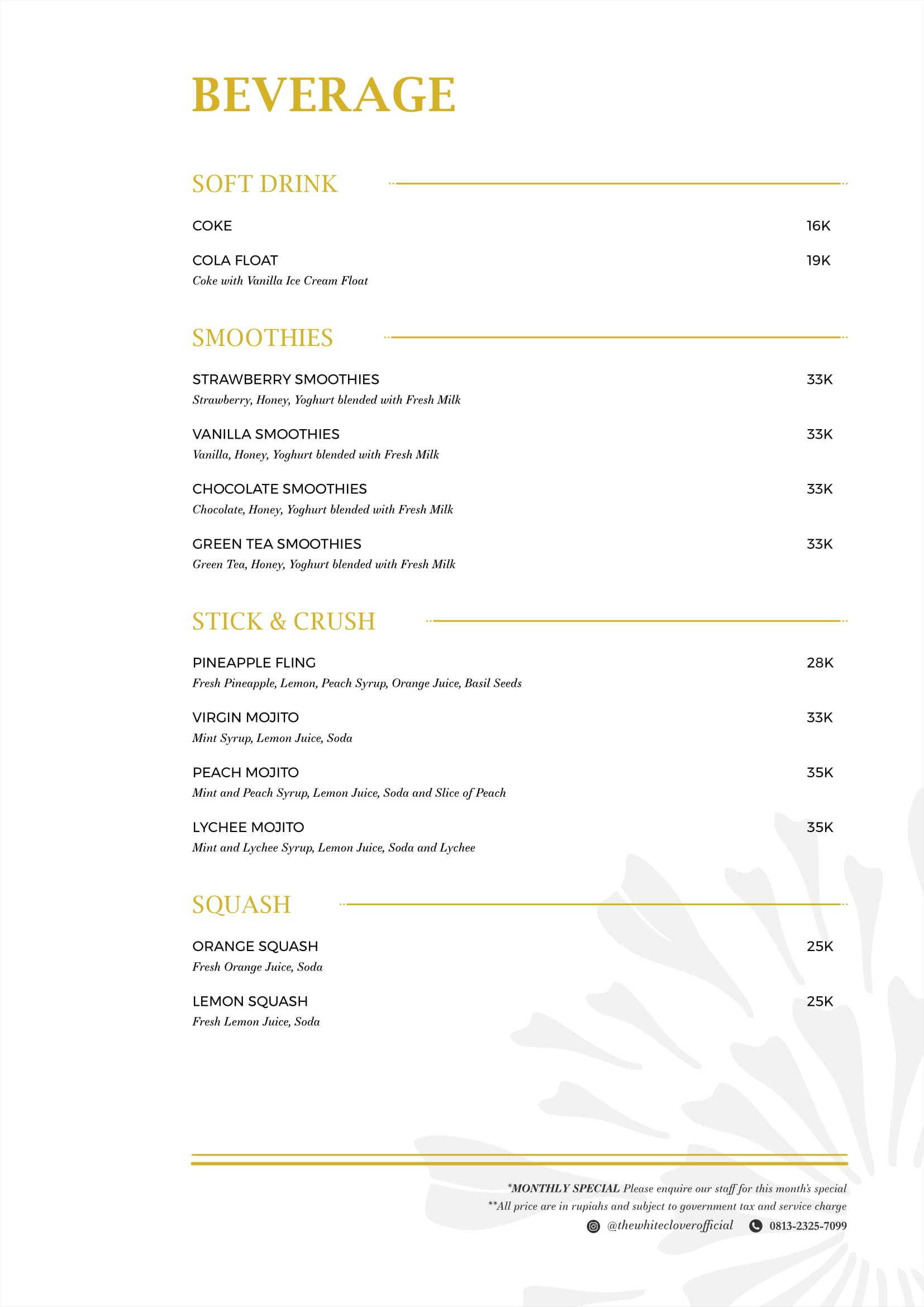 Menu at White clover, Bandung