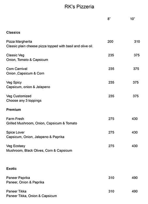 Menu of RK'S Pizzeria, Byculla, Mumbai