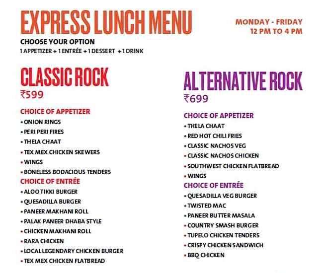 Menu of Hard Rock Cafe, Connaught Place, New Delhi