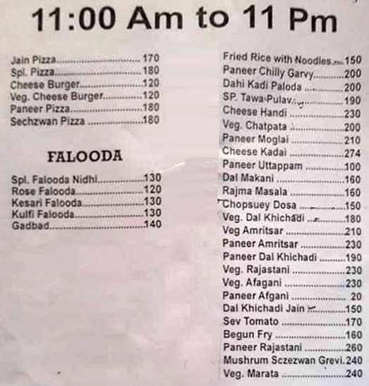 Menu at Shri Nidhi, Mumbai, 16