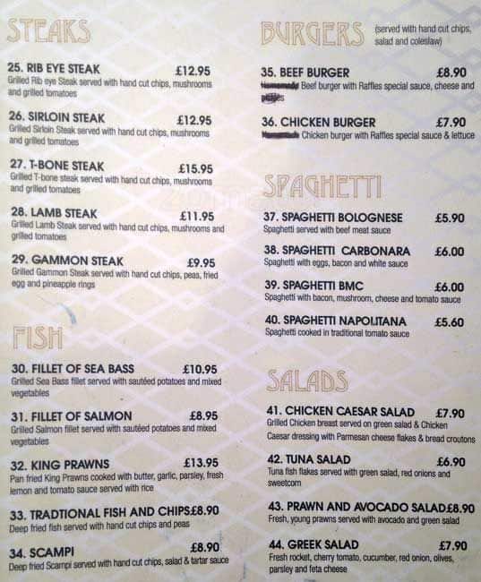 Menu at Raffles cafe, London, 13 Craven Rd