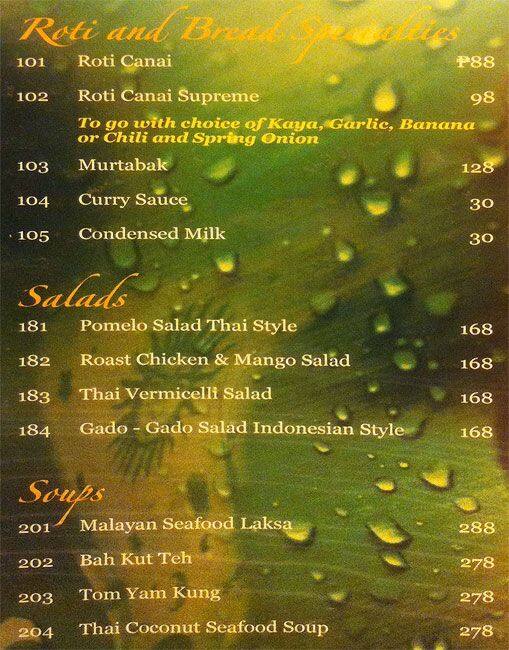 Menu at Banana Leaf restaurant, Manila