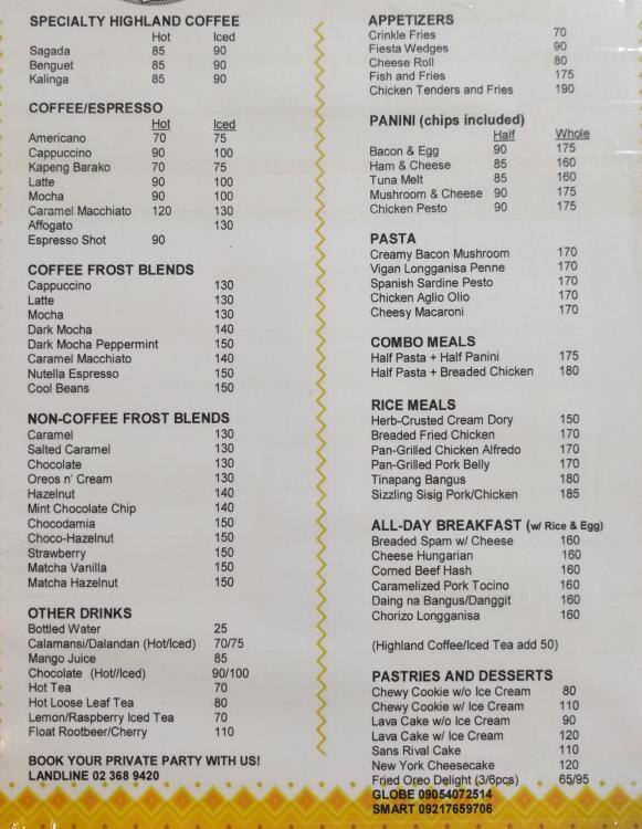 Menu at Cool Beans cafe, Quezon City