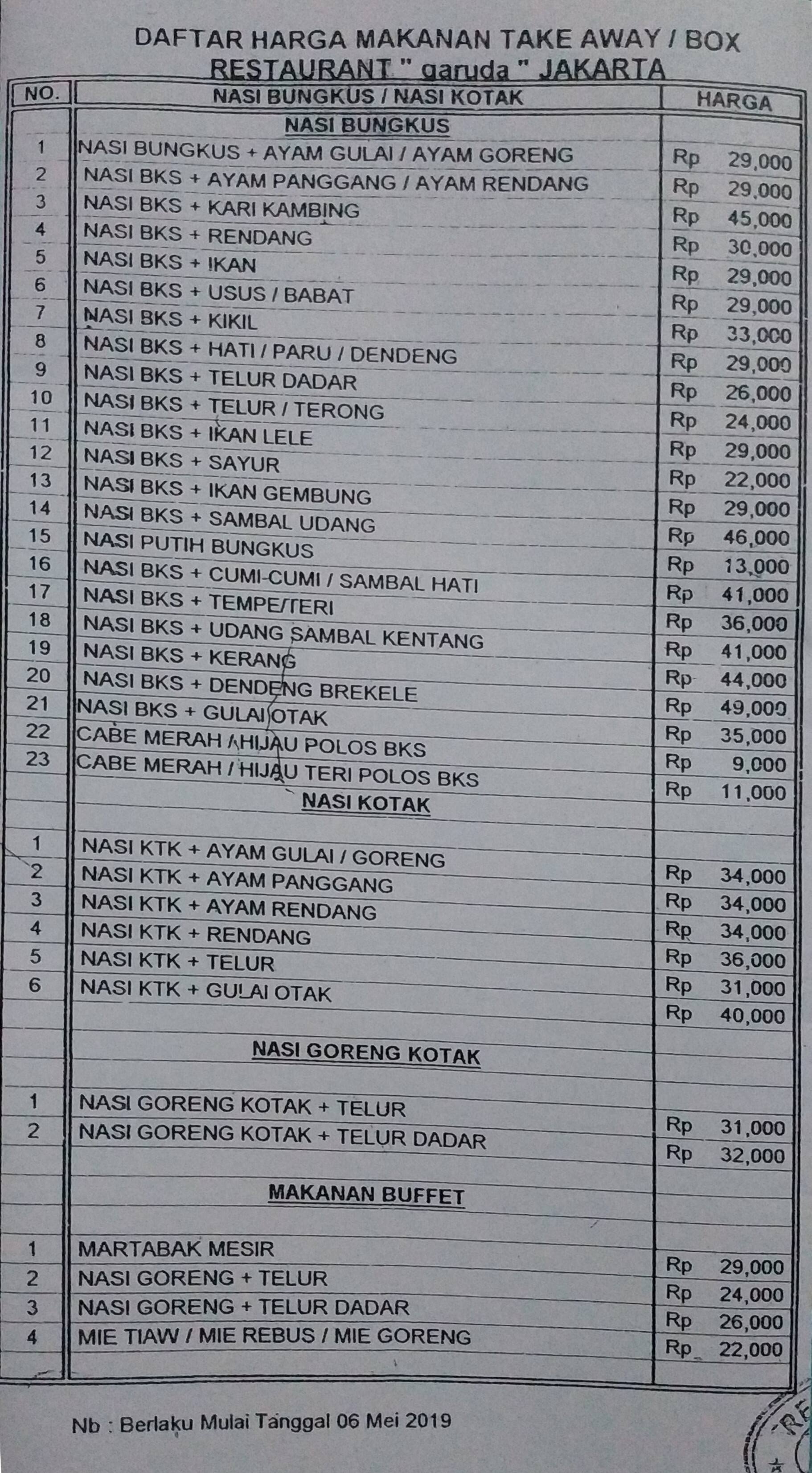 Menu at RM Padang Garuda restaurant, West Jakarta, West Jakarta 1 1