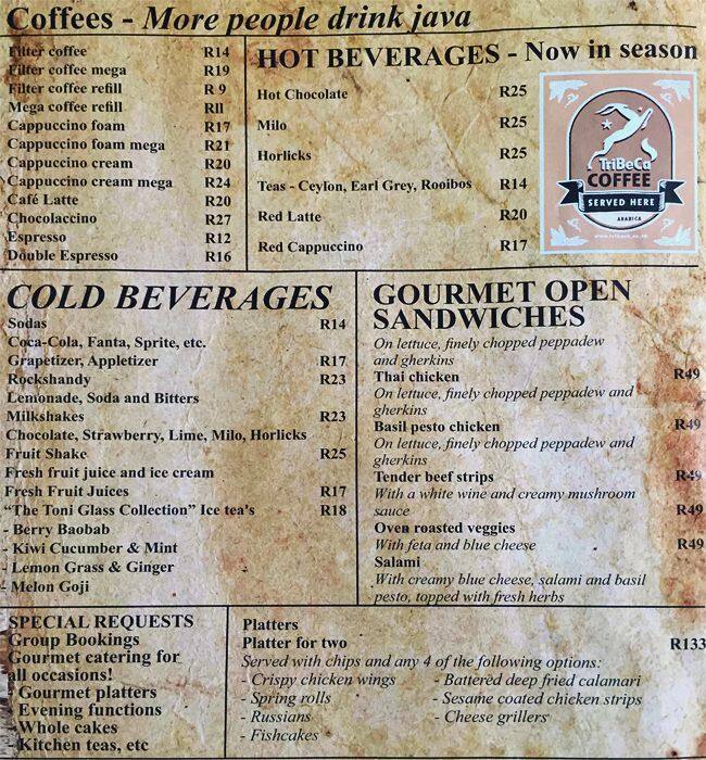 Menu at Coffee@Capital restaurant, Pretoria