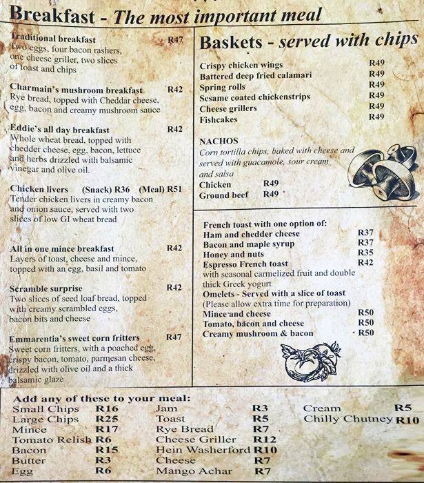 Menu at Coffee@Capital restaurant, Pretoria