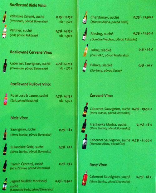 Menu at Tower Cafe, Bratislava