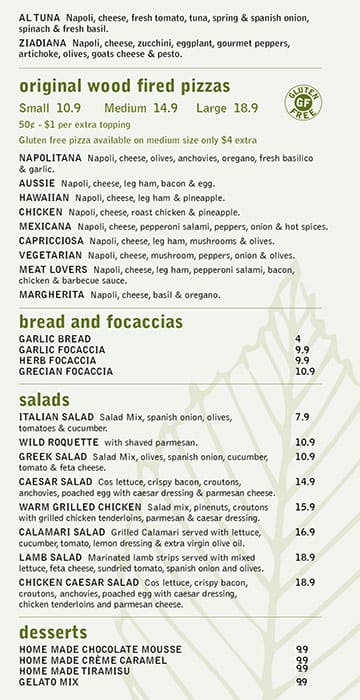 Menu at AL Vecchio Forno pizzeria, Glen Waverley