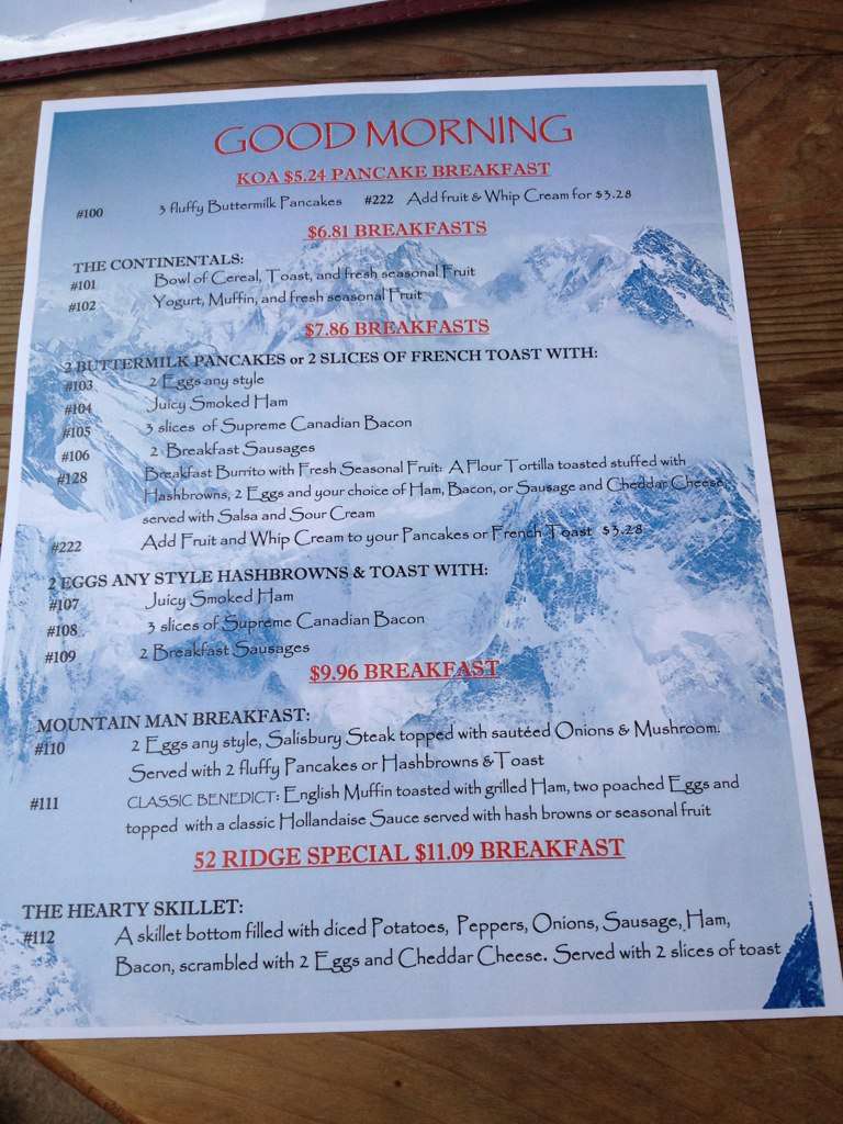 Menu at 52 Ridge Restaurant and Pub, Clearwater