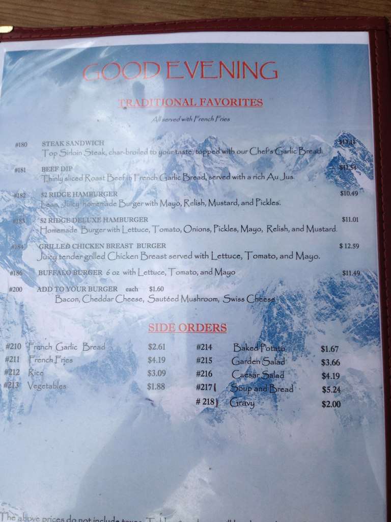 Menu at 52 Ridge Restaurant and Pub, Clearwater