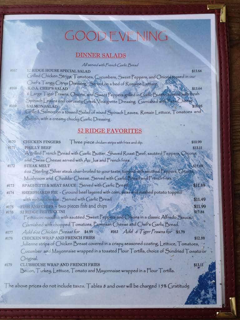 Menu at 52 Ridge Restaurant and Pub, Clearwater