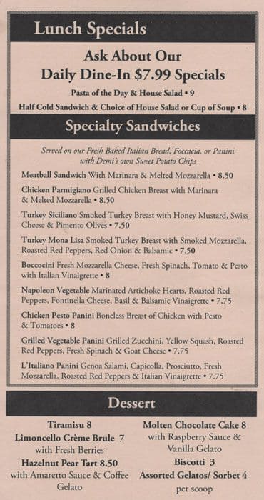 Menu at Trattoria Demi restaurant, Evanston