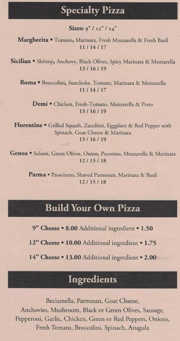 Menu at Trattoria Demi restaurant, Evanston