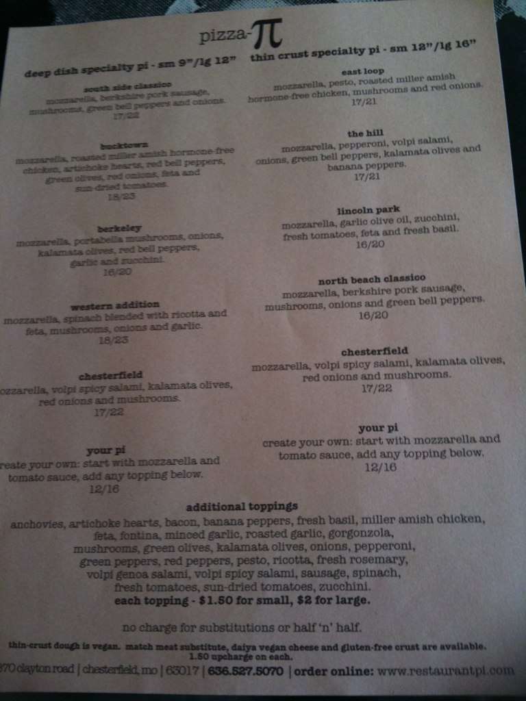 Carta de Pi Pizzeria, Chesterfield