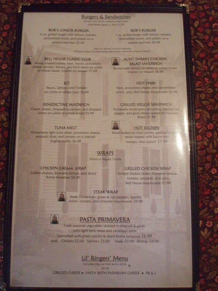 Menu at Bell House Restaurant, Shelbyville