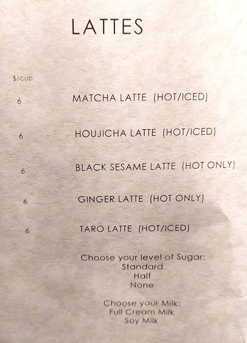 Carta del café Tea Journal, Chatswood