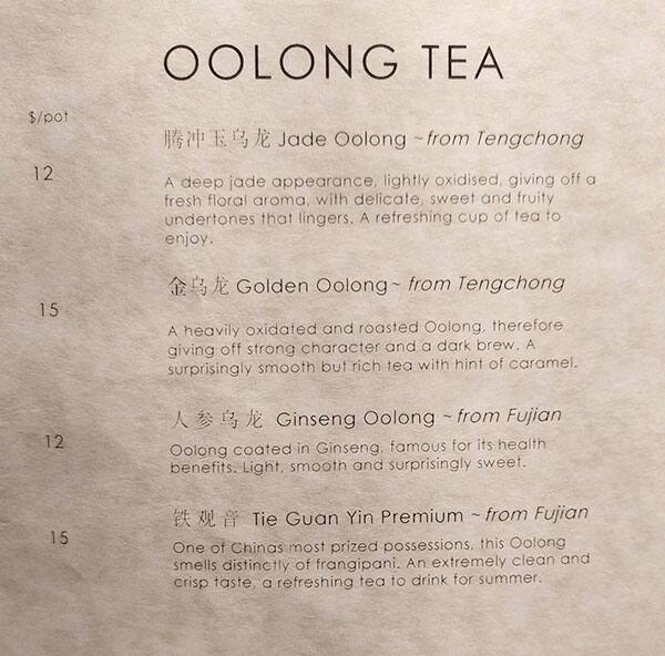 Carta del café Tea Journal, Chatswood