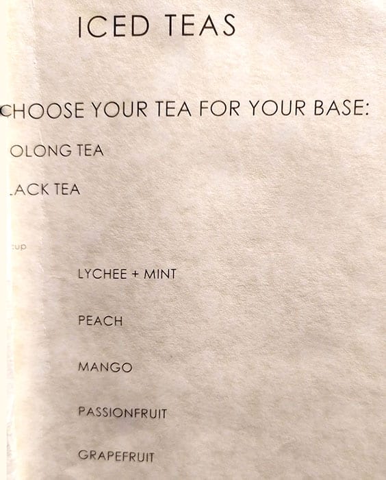 Carta del café Tea Journal, Chatswood