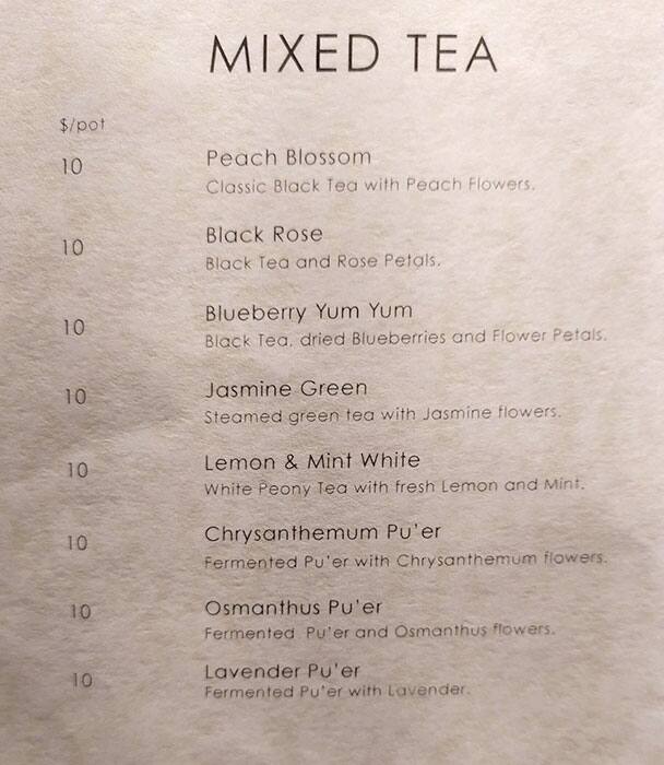 Carta del café Tea Journal, Chatswood