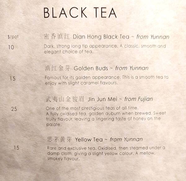 Carta del café Tea Journal, Chatswood