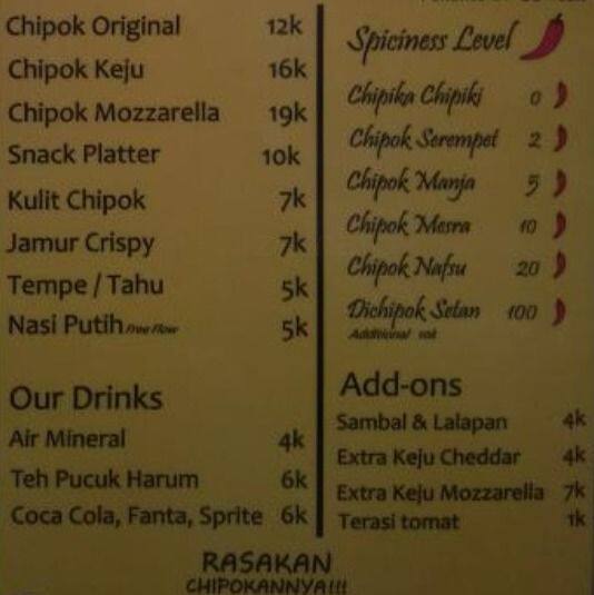 Carta del restaurante Chipok, Yakarta