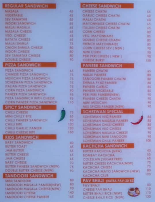 Menu of Namo Sandwich, Sudama Nagar, Indore