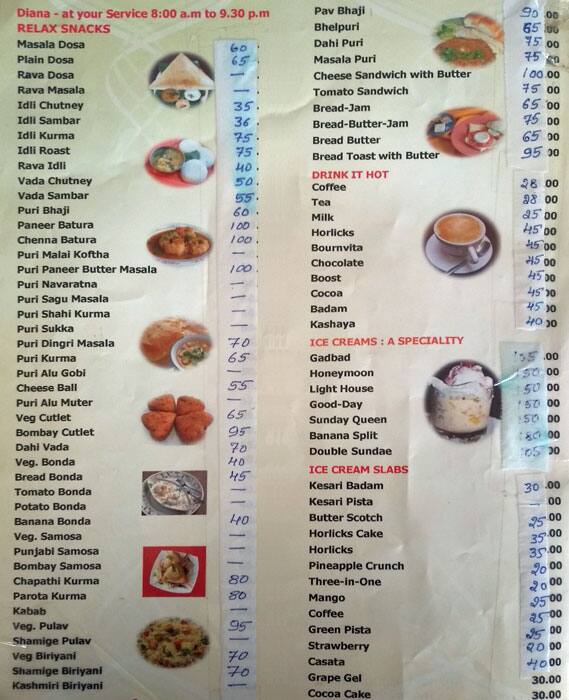 Menu of Diana Restaurant, Kinnimulki, Udupi