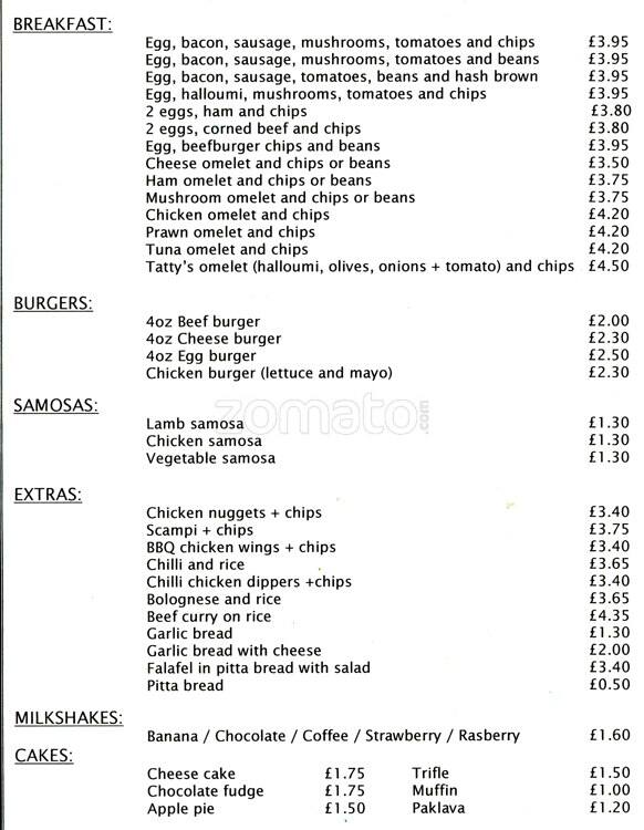Menu at Natty Tatty's fast food, London