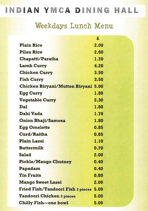 Menu at Indian YMCA Restaurant, London