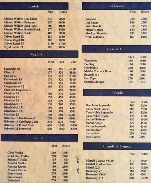 Menu at Bugsy's restaurant, Makati