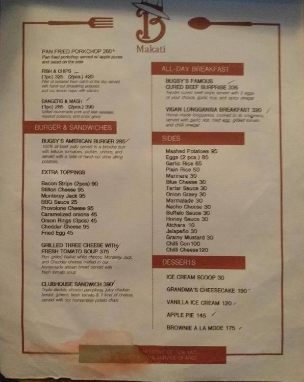 Menu at Bugsy's restaurant, Makati