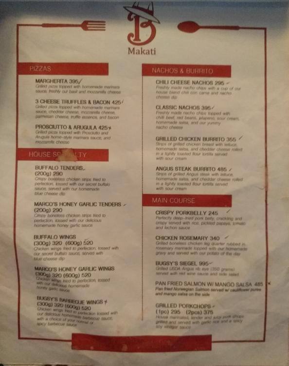 Menu at Bugsy's restaurant, Makati