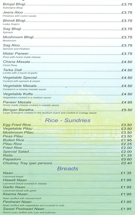 Menu at Haweli restaurant, Smethwick