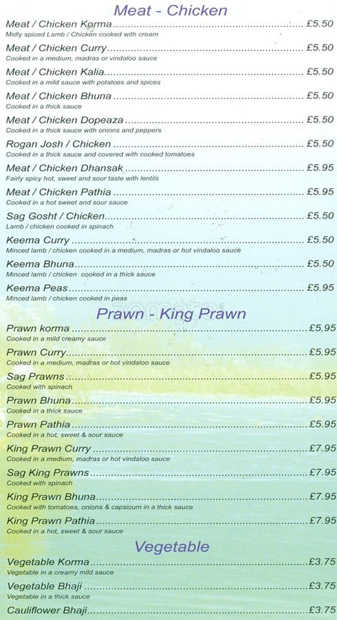 Menu at Haweli restaurant, Smethwick