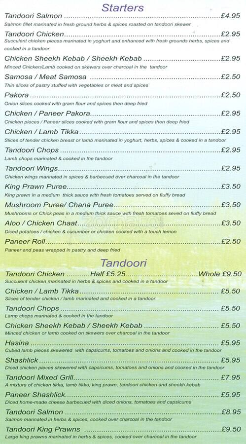 Menu at Haweli restaurant, Smethwick