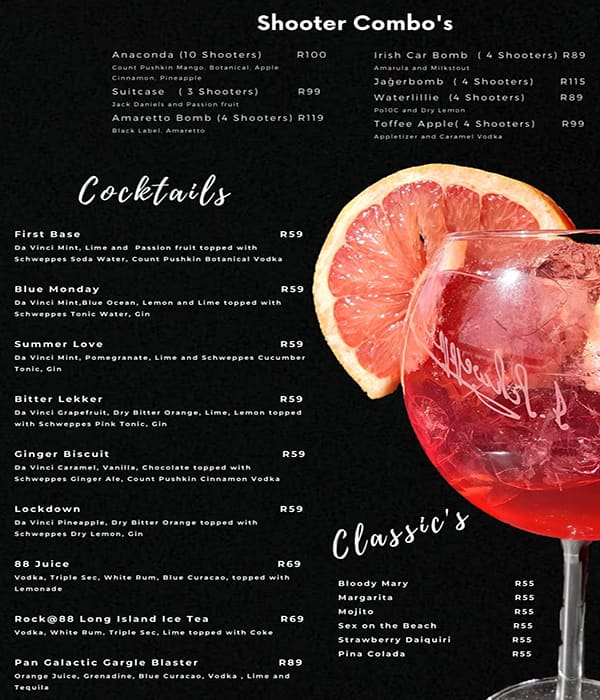 Menu at Rocket 88 pub & bar, Pretoria, Lynnwood Road