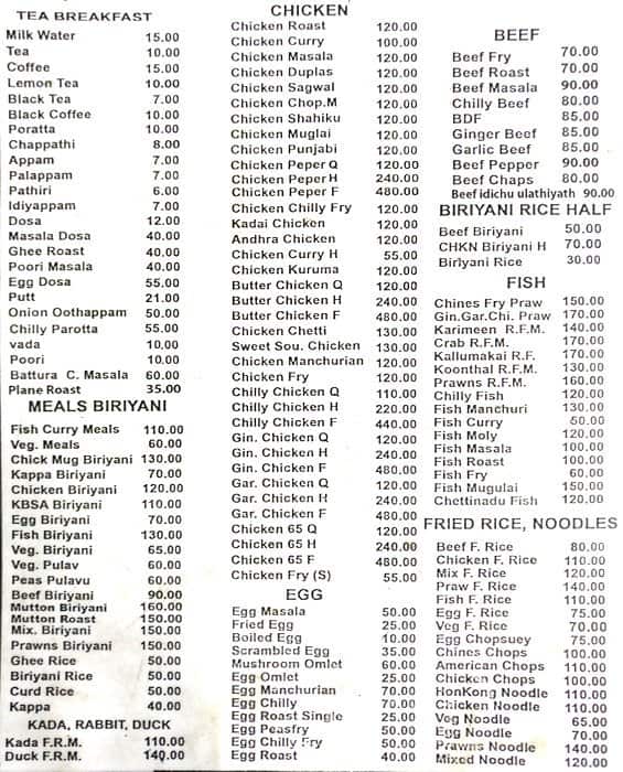 Menu at Paradise, Ernakulam, NH544