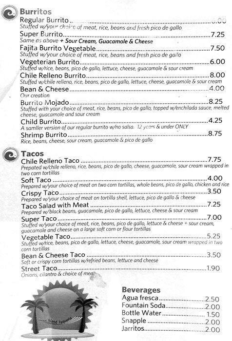Menu at Island Taqueria restaurant, Alameda