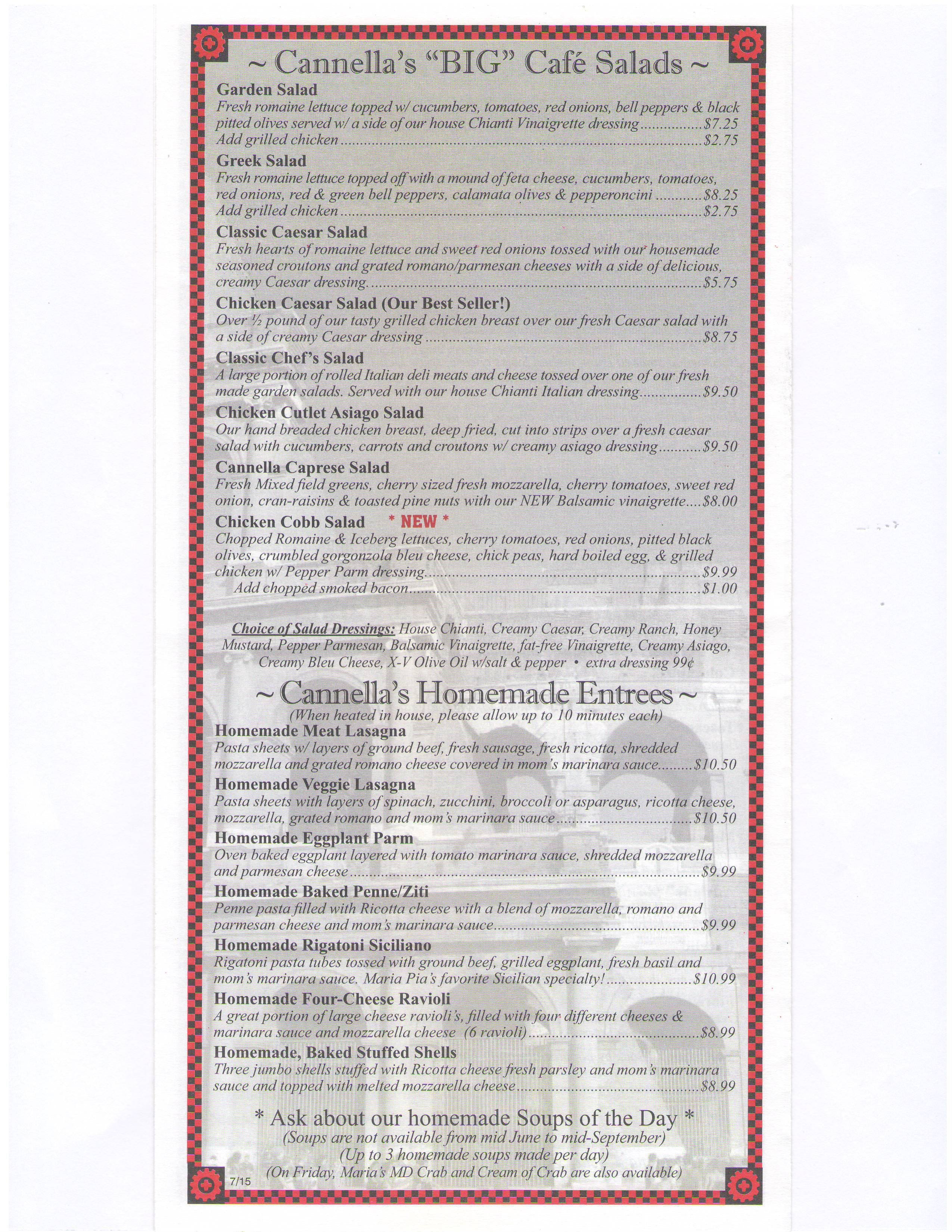 Menu at Cannella's Italian Deli restaurant, Perry Hall