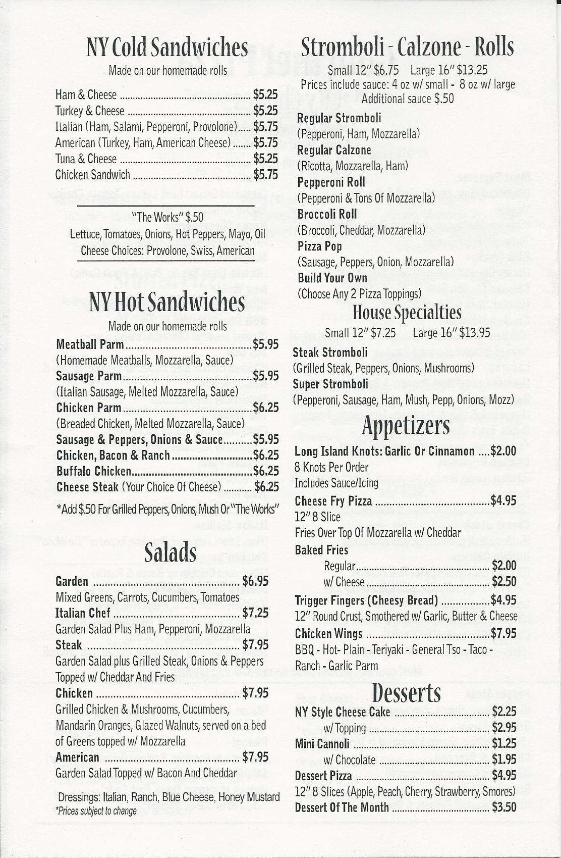 Menu at Long Island Pizza pizzeria, Williamsport